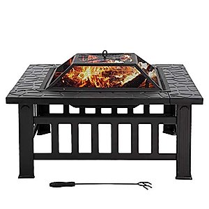 Outdoor Fire Pit,32 inch Square Metal Firepit for Patio Wood Burning Fireplace Garden Stove with Poker Mesh Cover,Charcoal Rack for Camping Picnic Bonfire Backyard