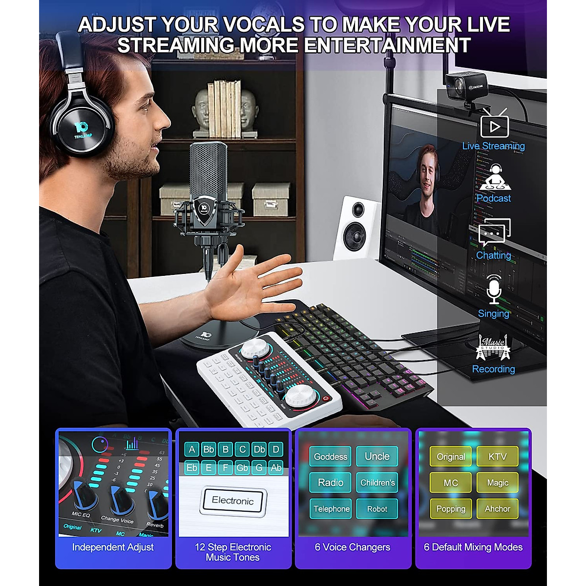 Podcast Equipment Bundle, tenlamp Q8 Podcast Microphone with Sound Board Voice Changer Mixer Controller, Studio Live Sound Card Kit for PC Smartphone Recording Live Streaming