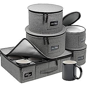 Sorbus China Dinnerware Storage Organizer Hard Shell 5-Piece Set for Protecting or Transporting - Service for 12 - Round Plate and Cup holder with Quilted Felt for Plate Dividers (Gray)