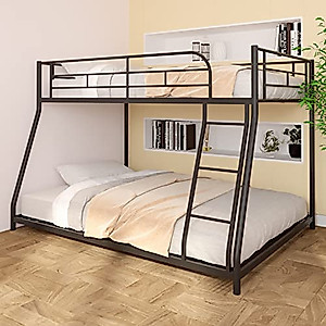 HUAYICUN Bunk Bed Twin Over Full Sturdy Steel Metal Bed Frame with Flat Ladder and Guardrail for Children/Teens/Adults (Black)