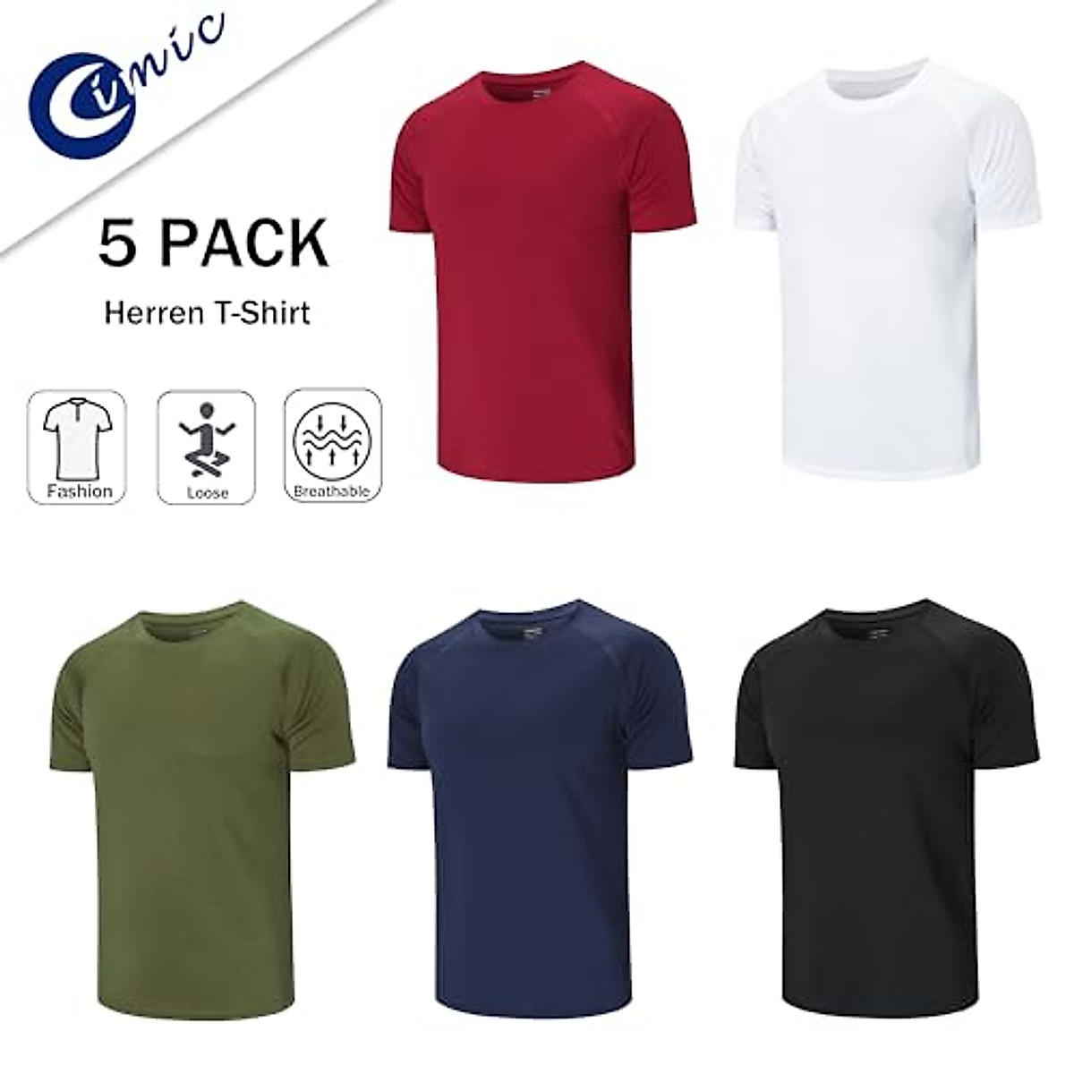 Cimic Workout Shirts for Men, 5 Pack Mens Crew Neck Casual Gym Shirts Short Sleeve Plain Athletic Moisture Wicking Dry Fit Active T-Shirts