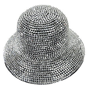 Rhinestone Bucket Hat Bling Bling Large Silver Studded Cap Hip Hop Rainbow Caps Headwear (Silver)