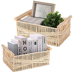HNFNGSZL Wicker Storage Basket, Hand-Woven Baskets for Organizing, Recyclable Paper Rope Basket with Wood Handles, Decorative Basket Organizers for Makeup Books Shelves Living Room, Beige, Set of 2