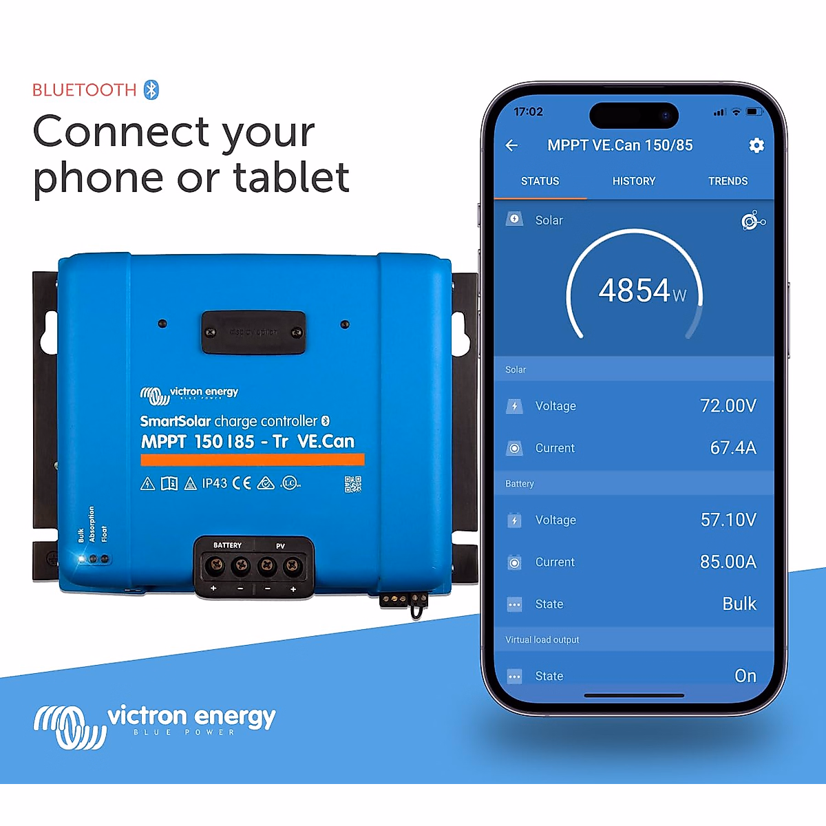 Victron Energy SmartSolar MPPT Tr VE. Can 150V 85 amp 12/24/36/48-Volt Solar Charge Controller (Bluetooth)