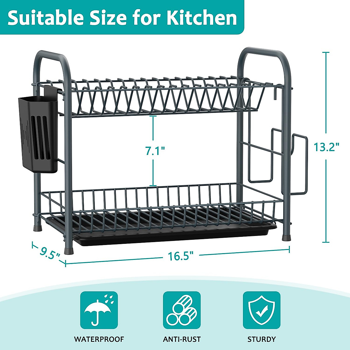 Naturous Dish Rack, 2 Tier Dish Drying Rack Kitchen Organizer with Drain Board, Utensil Holder, Cutting Board Holder, Gray