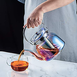 E-liu 50 oz(1500ml) Glass Teapot Kettle with Lid, Removable Stainless Steel Infuser and Handle, Stovetop Safe Tea Maker for Blooming and Loose Leaf Tea（Iridescent）