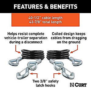 CURT 80136 43-7/8-Inch Vinyl-Coated Trailer Safety Cables, 3/8-In Snap Hooks, 3,500 lbs Break Strength, 2-Pack