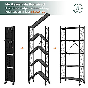 DEANIC 5-Shelf Folding Shelves Bookcase with Wheels, Heavy Duty Storage Shelves, Freestanding Metal Wire Shelving Unit for Living Room, Office, Kitchen, Basement, Pantry (Black)