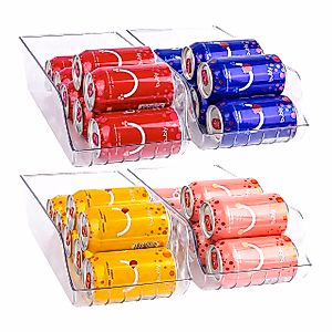 Soda Can Organizer - Clear Plastic Storage Dispenser Bin for Refrigerator. Great Drink Holder for Kitchen Cabinets, Countertops, Pantry, Freezer and Fridge. (4-Pack)