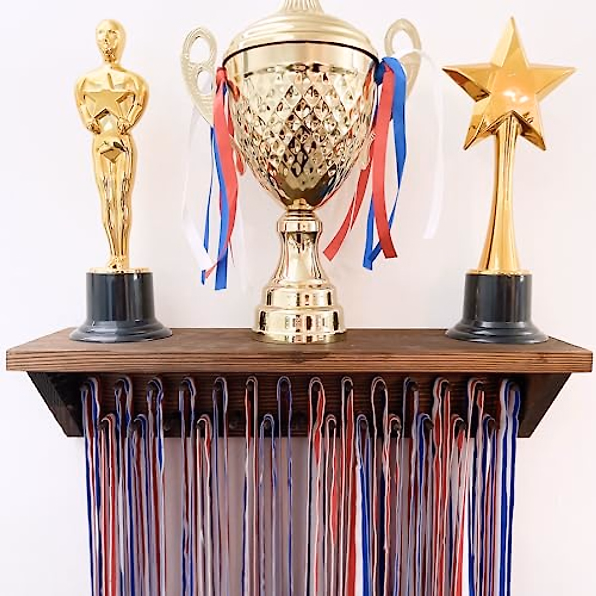 Athwana Premium Wooden Medal Display with Reinforced Shelf & Wooden Hooks I Easy Install I More Hooks & Extra Wide Shelf