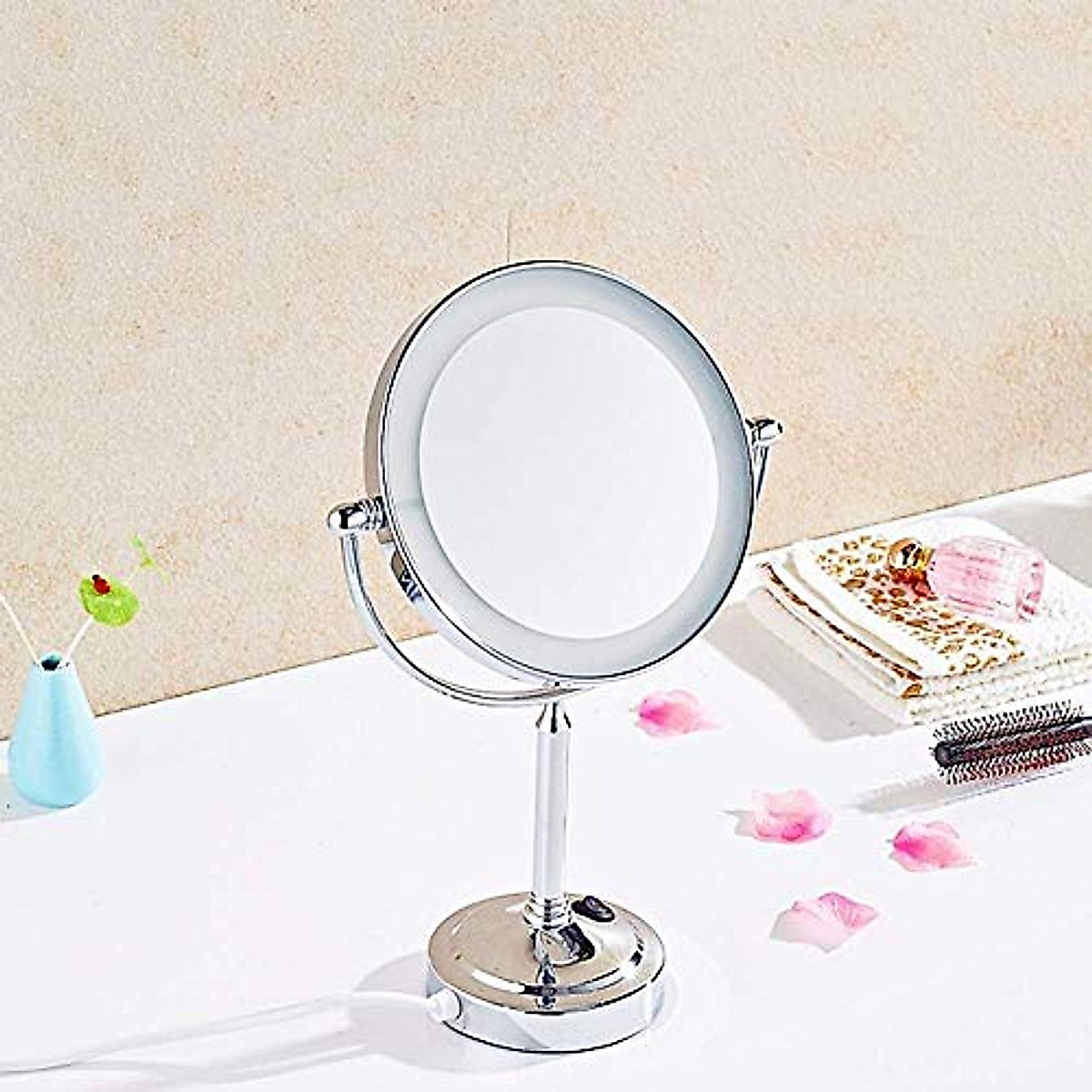 KONGZIR Countertop Vanity Mirrors 7X Magnifying Lighted Vanity Makeup Mirror 8 Inches 360° Rotation Tabletop with A Non-Slip Pedestal Polished Chrome Finish Grooming Mirrors