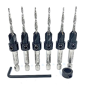 FTG USA Countersink Drill Bit Set 6 Pc #6 (9/64") Parabolic Flute Wood Countersink Drill Bit, Pro Pack Countersink Bit, Tapered Drill Bits for Countersink with 1 Depth Stop Collar and 1 Hex Wrench