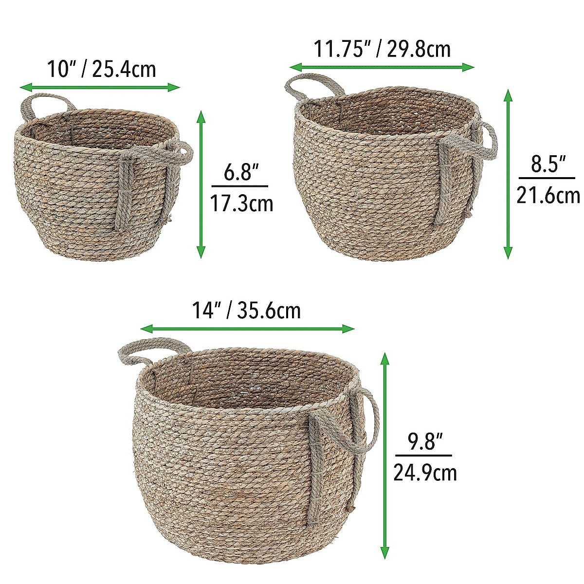 mDesign Round Braided Seagrass Woven Storage Basket with Jute Handles - Rope Weave Circle-Shaped Basket Bin for Shoe Storage in Entryway, Organizing Playroom Toys, and Laundry - Set of 3 - Gray Wash