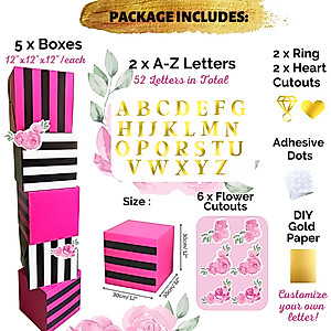Hot Pink Party Decorations for Birthday, Bachelorette, Bridal or Baby Shower - 5 Boxes Blocks, 52 PC Letters for Custom NAME and 6 Flower Cutouts. Pink Rose Black White - Kate Spade Inspired