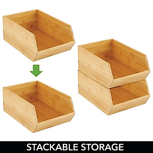 mDesign Bamboo Stackable Food Storage Organization Bin Basket - Wide Open Front for Kitchen Cabinets, Pantry, Offices, Closets, Holds Snacks, Dry Goods, Packets, Spices, Teas - Natural Wood