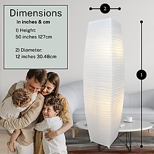 LIGHTACCENTS Japanese Style Rice Paper Floor Lamp - 50 Inches Tall, White Paper Shade, Chrome Base, On/Off Foot Switch - Ideal for Living Room