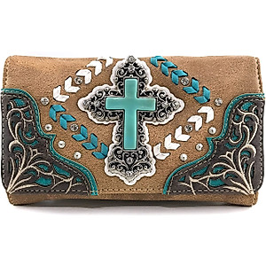 Justin West Rhinestone Cross Floral Embroidery Laser Cut Wristlet Trifold Wallet Attachable Long Strap (Tan)
