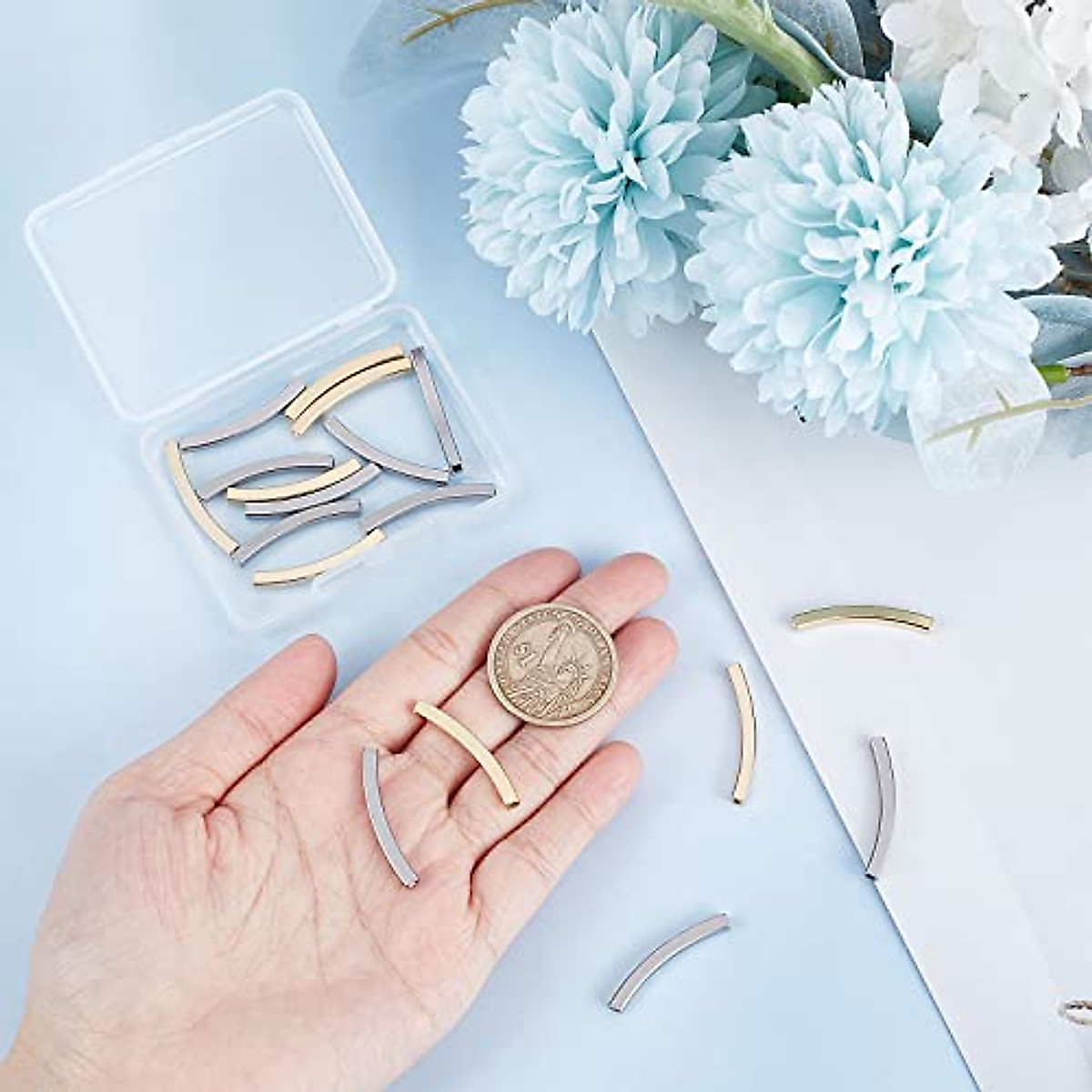 SUNNYCLUE 1 Box 20Pcs Stainless Steel Tube Beads Long Tube Spacer Beads Noodle Curved Rectangle Tube Bead Square Hole Metal Beaded Loose Bead for Jewelry Making Beading Kit Necklace Bracelet Supplies