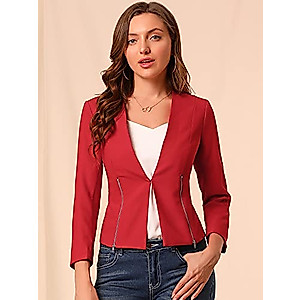 Allegra K Women's Work Office Open Front Zipper Collarless Cropped Blazer Large Red