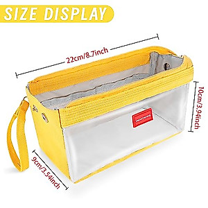 HAUTOCO Big Capacity Pencil Pen Case Large Pencil Pouch Clear Pen Bag, Portable Pencil Box with Handle Stationery Organizer Holder for College Teens Girls Back to School Supplies, Yellow