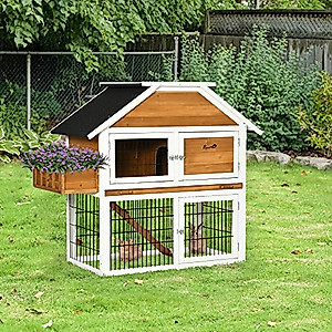PawHut Rabbit Hutch Outdoor for 2 Rabbits, Wooden Rabbit Cage with Flower Bed, Removable Tray, Ramp
