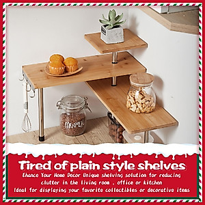 HYNAWIN 3 Tier Corner Shelf Bamboo & Metal Storage Spice Rack-Desk Bookshelf Display Shelves Space Saving Organizer Adjustable Rack for Kitchen,Bedroom