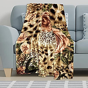 Bedding Bed Blanket Queen Size Plush Blanket Fleece Blanket for Bed and Couch, Leopard Print Retro Rose Floral