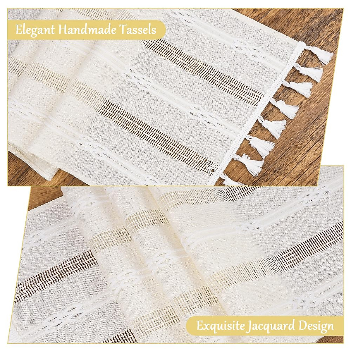 AUAUY Table Runner with Handmade Tassels, Boho Style Beige Weave Stripes Polyester Fabric Table Runner, Macrame Table Decoration for Holiday Party Dining Wedding and Everyday Use(13*70.87in)