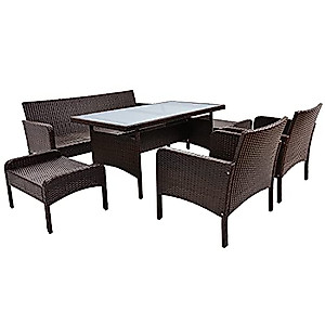 Merax Outdoor Patio PE Wicker Rattan Sofa Dining Set with Removable Cushions empered Glass Tea Table for Backyard, Poolside, Deck, Blue,6 Piece