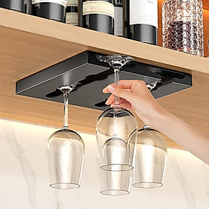 Gittcoll Wine Glasses Rack Stainless Steel Under Cabinet Stemware Hanging Holder No Drilling Metal Wine Glasses Goblets Drying Organizer Storage for Cabinet Kitchen Bar (3 Slot)