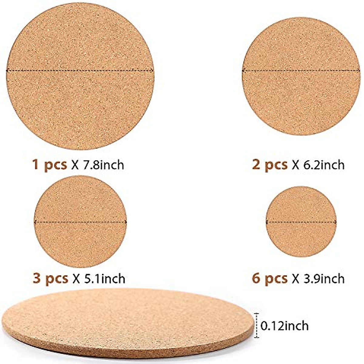 Cork Coasters Cup Trivets Wooden Thick Drink Round Absorbent Blank Cork Base Mat for Wine Glasses Home Bar Kitchen Restaurant Cafe Wedding Party Supplies, 1/4 Inch Thickness, 4 Sizes (12 Pieces)