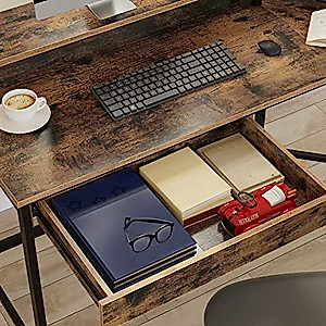 Rolanstar L Shaped Gaming Desk with Drawer, 55.1" Reversible Computer Desk with Power Outlets & LED Lights, Home Office Desk with Monitor Stand & Storage Shelf, Desk with Hooks Rustic Brown