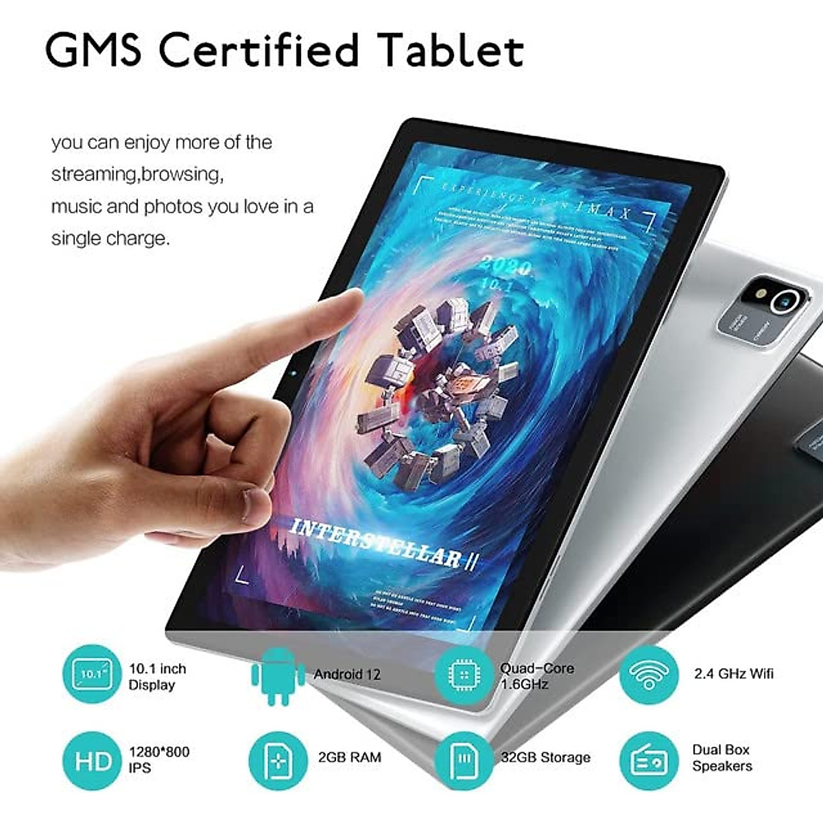 MODERNESS Tablet 10.1 Inch Android 12 Quad Core 32GB ROM 1280x800 IPS Display 5000mAh Tablets PC Silver
