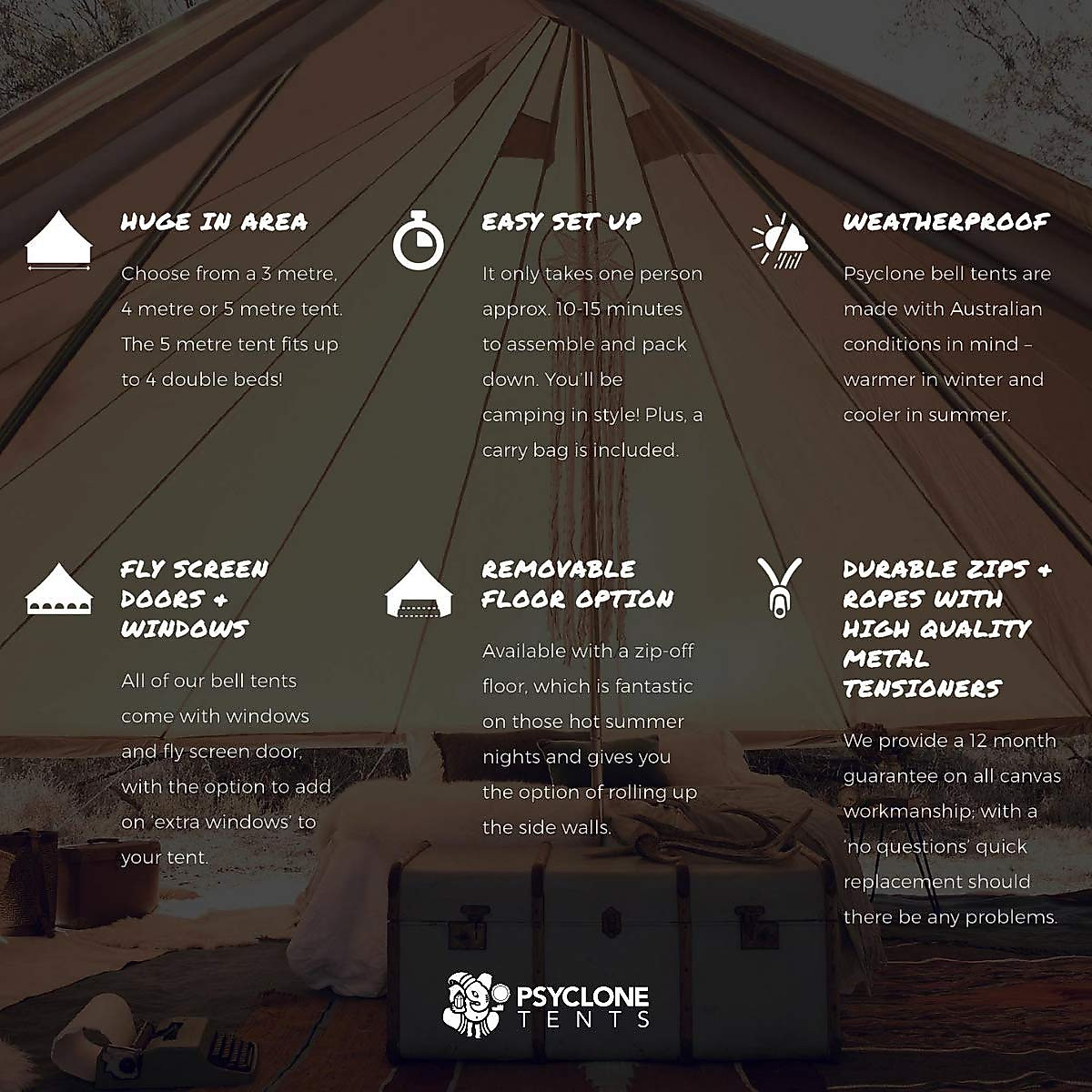 Psyclone Tents Fixed Floor 4m/13.12ft Luxury Bell Tent Outdoor All Weather 6-8 Person Cotton Canvas Yurt Medium Tent for Family Camping Glamping Hiking and Festivals