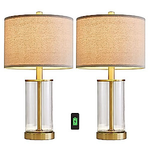 USumkky 20'' Glass Table Lamps Set of 2 for Bedroom Living Room,Gold Glass Bedside Lamps for Nightstands with USB Ports and AC Outlets(Bulbs not Included)