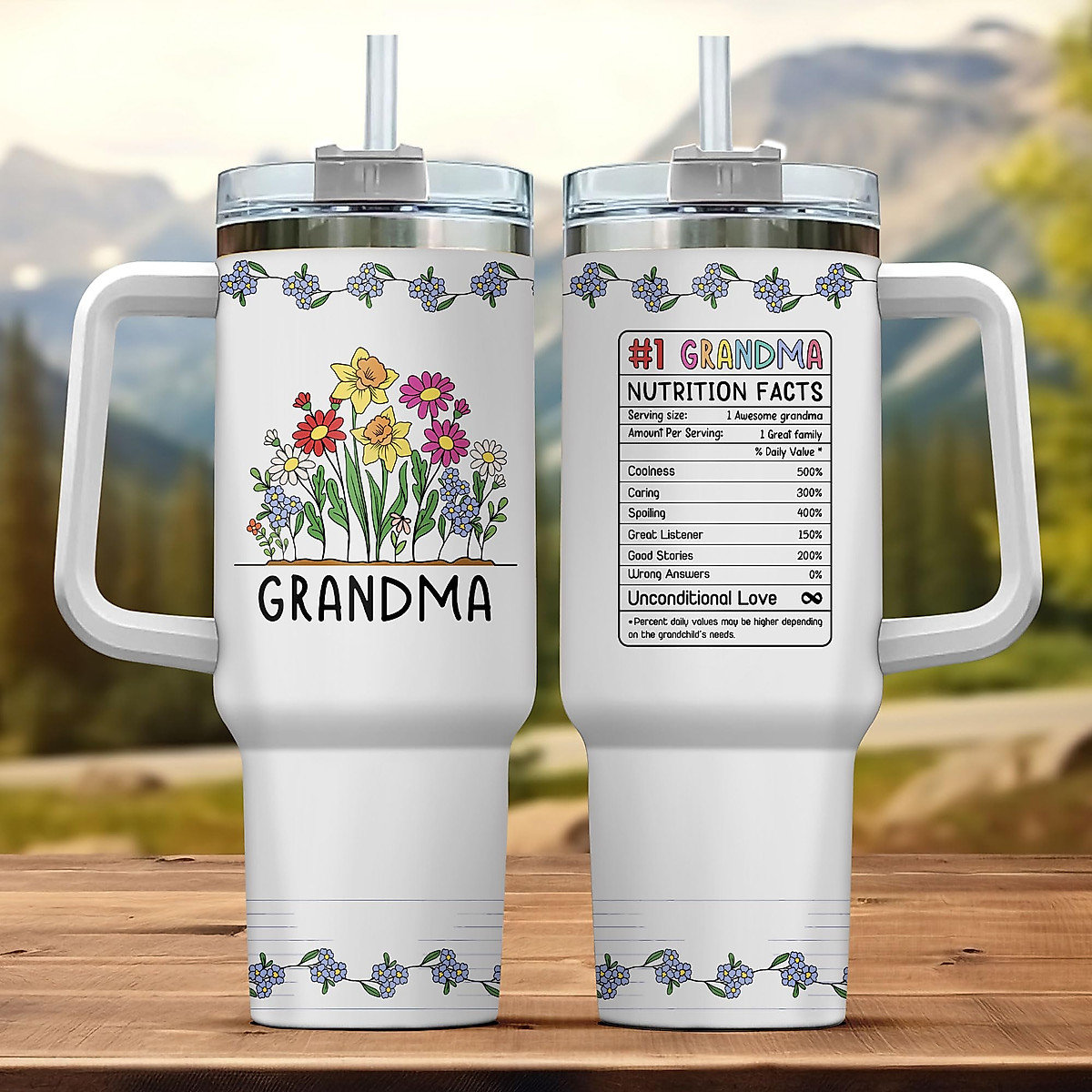 99OWL Grandma Floral Nutrition Facts, For Nana Tumblers Grandmas Cups Great Cup Granny Coffee Handle Water Sippy Flower Women Mom, Tumbler 40 Oz With Handle Lid And Straw, Grandma Gifts