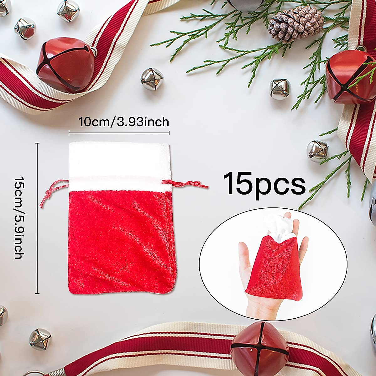 15 Pieces Christmas Velvet Drawstring Bag Red Christmas Tree Ornament Drawstring Gift Bags Velvet Santa Gift Wrap Bags Christmas Decorations Pouch Packaging Drawstring Bag for Christmas Decor Storage