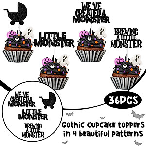 kreat4joy Halloween Baby Shower Decorations Cupcake Toppers, 36Pcs Monster Baby Shower Decorations Cupcake Toppers for a Baby Is Brewing Baby Shower Halloween Decorations