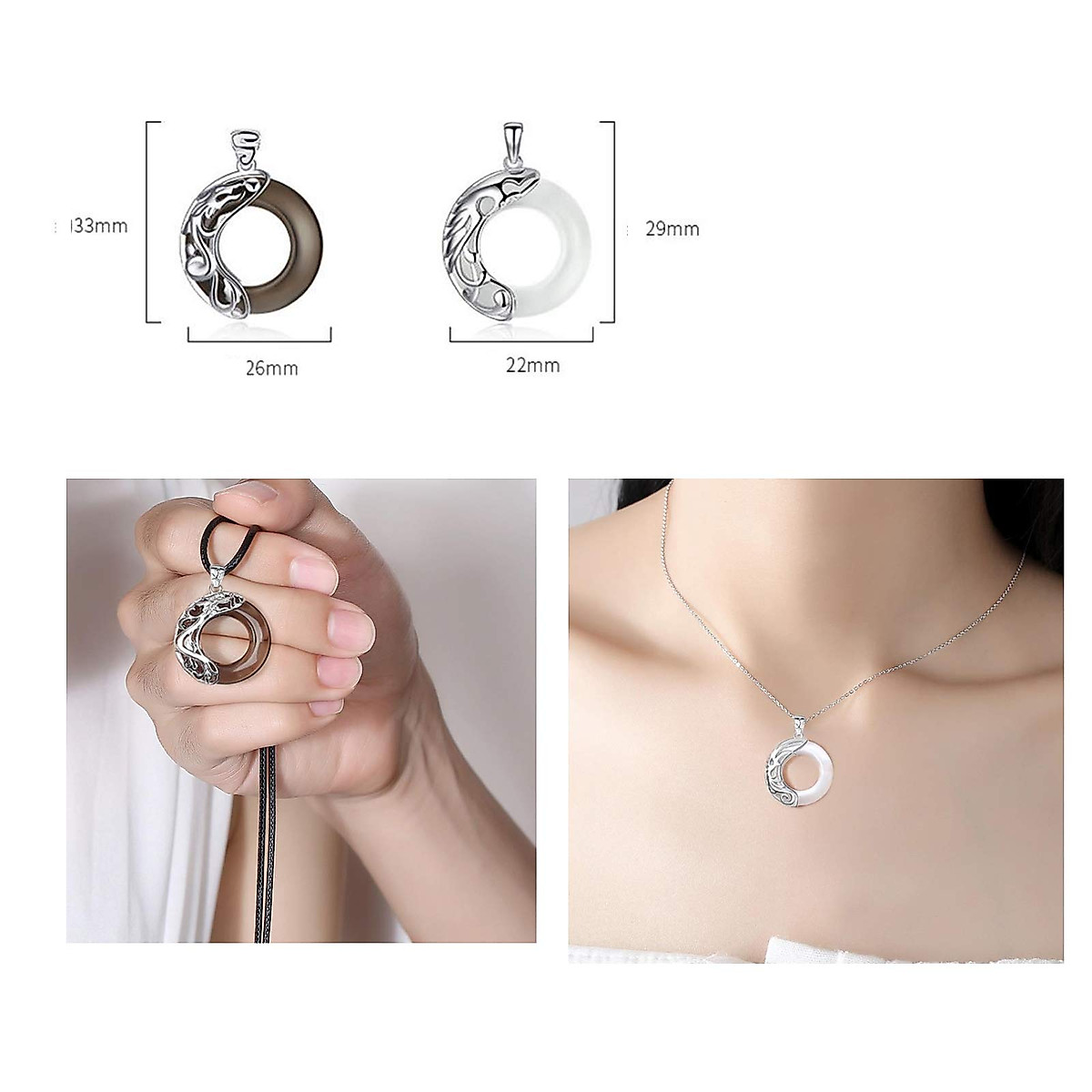 poceton Matching Necklaces for Couples, 925 Sterling Silver Obsidian Pendant, Antique Dragon and Phoenix Pendant Lovers Jewelry Valentine's Day Couple Necklace Gifts for Him and her