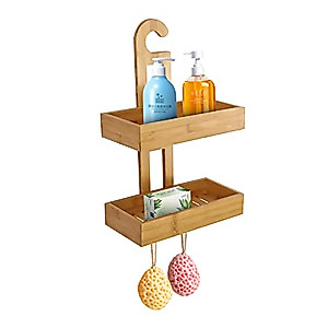 Mgorgeous Bamboo Hanging Shower Caddy, Natural & Waterproof Bamboo Shower Rack w/ 2 Storage Baskets & 2 Hanging Hooks, 2-Tier Bathroom Shower Organizer Holder for Shampoo, Conditioner, Soap