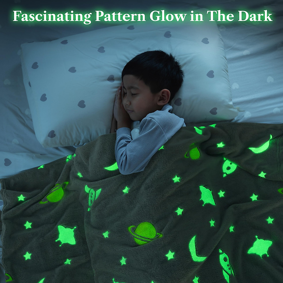 PAVILIA Glow in the Dark Blanket, Spaceship Space Gift for Girls Boys, Toy Blanket for 1 2 3 4 5 6 7 8 9 10 Year Old Boy, Soft Plush Fleece Kids Gift Blanket for Birthday, Christmas, Room Decor, 50x60