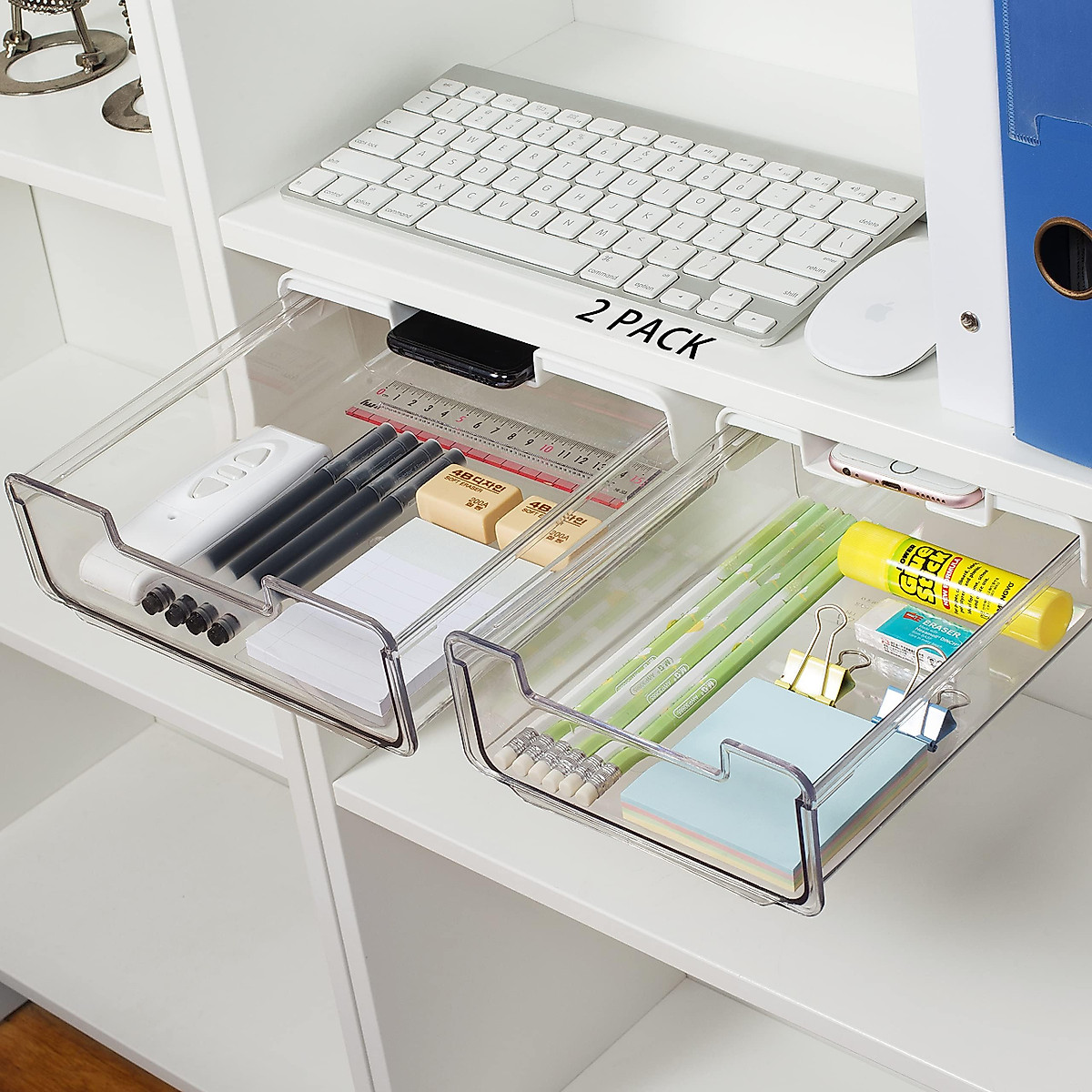 2 Pack Adhesive Under Desk Drawer Organizer Slide Out Attachment, Attachable Clear Acrylic Hidden Shelf Storage With Phone Stand, Add A Mounted Pull Out Tray For Cabinet, Table, Counter - Plastic