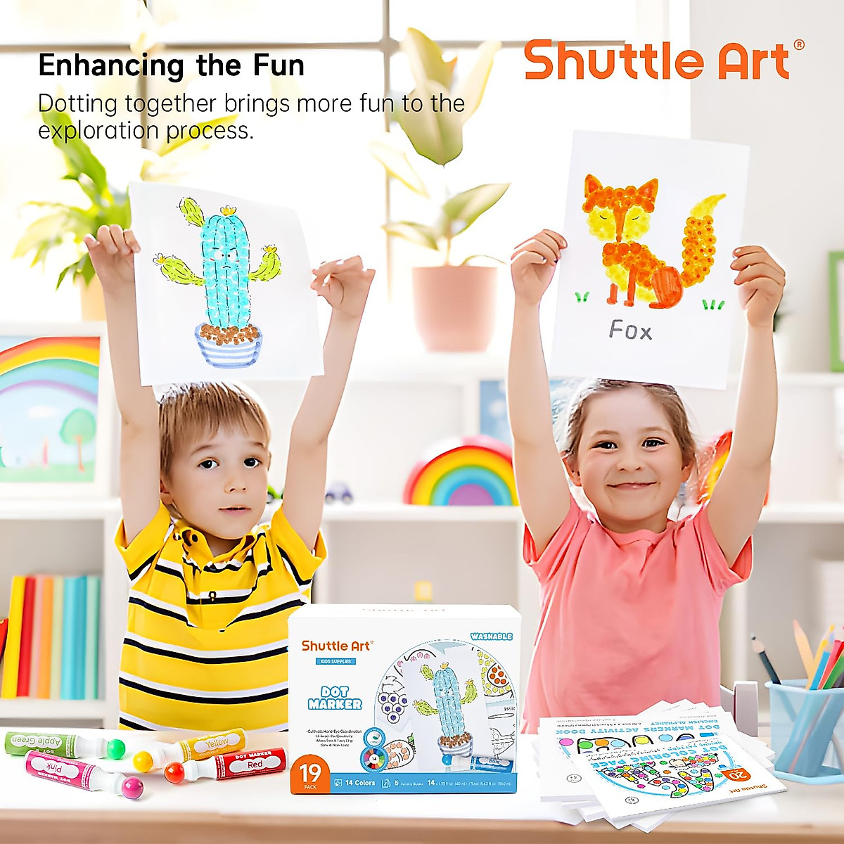 Shuttle Art Dot Markers, 14 Colors Bingo Daubers with 135 Patterns, 5 Activity Books, Educational Set With Art Activities,Non-Toxic Washable Coloring Markers