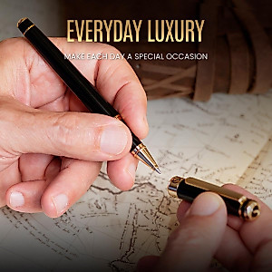 Scriveiner Black Lacquer Rollerball Pen - Stunning Luxury Pen with 24K Gold Finish, Schmidt Ink Refill, Best Roller Ball Pen Gift Set for Men & Women, Professional, Executive Office, Nice Pens