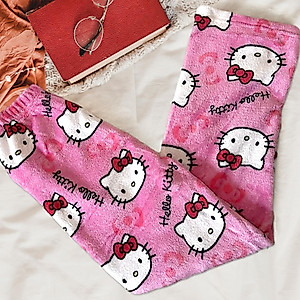 TONYOPT Anime Pajamas for Women Girls Cute Cartoon Cat Print Flannel Christmas Halloween Kawaii Casual Sleep Pajama Pants(M,Rose red)
