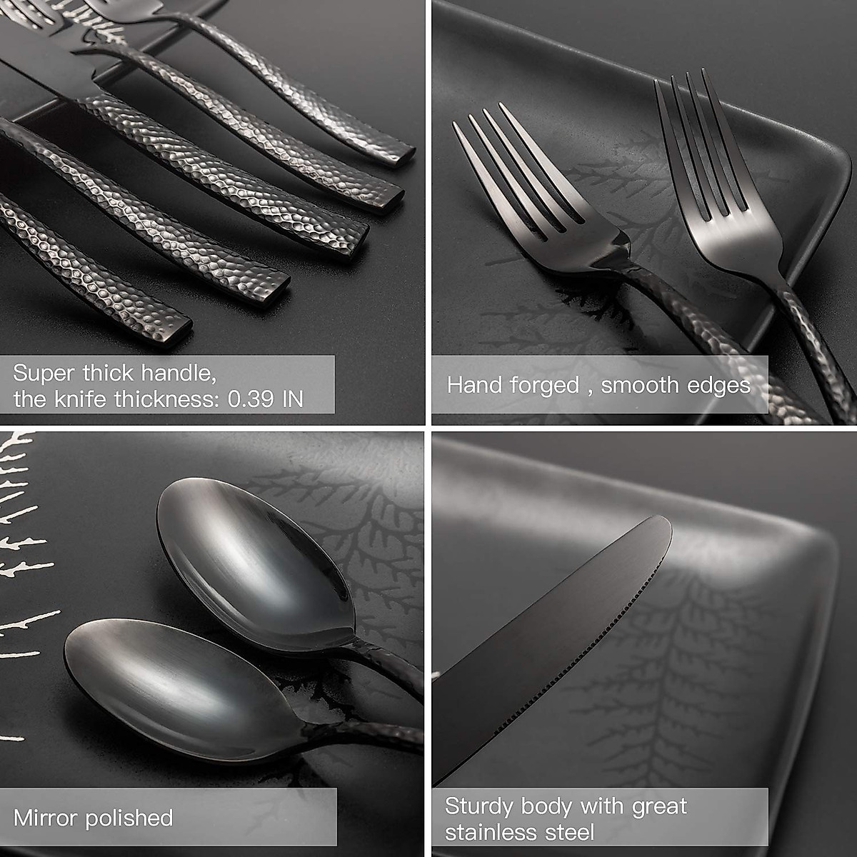 Kelenfer Silverware Set Black Flatware Set Stainless Steel 40 Pieces Cutlery Set Hammered Pattern Mirror Polished Home Hotel Use Service for 8, (KL9001)