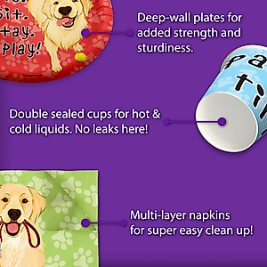 Golden Retriever Birthday Party Supplies - Pawprint Paper Plates - Dog Party Tableware Set Includes Plates Napkins Cups - Kit for 16
