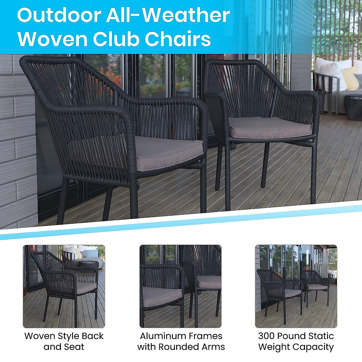 Flash Furniture Kallie Set of 2 Indoor/Outdoor Stacking Club Chairs with Arms - UV Resistant Woven Black Seat & Back - Gray Zippered Cushions - Black Aluminum Frame