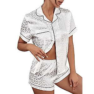 Romwe Women's 2 Piece Satin Pajama Set Short Sleeve Button Down Shirt and Shorts Sleepwear Leopard White XL