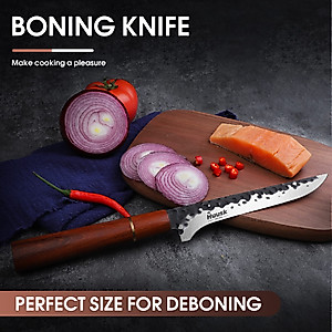 Huusk Boning Knife for Meat Cutting, 7 Inch Fillet Knife Hand Forged Carbon Steel Butcher Knife, Brisket Trimming Knife for Meat and Poultry Fish with Rosewood Handle Gift Box